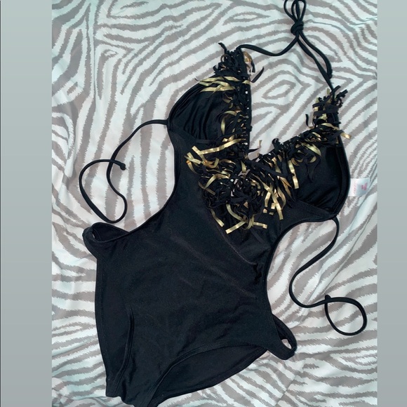Xhilaration | Swim | Black One Piece Bathing Suit W Black Gold Trims ...